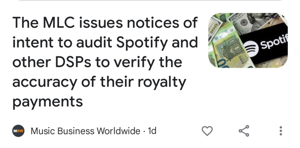 The MLC Issues Notice of intent to audit Spotify & other DSPs to verify the accuracy of their ...